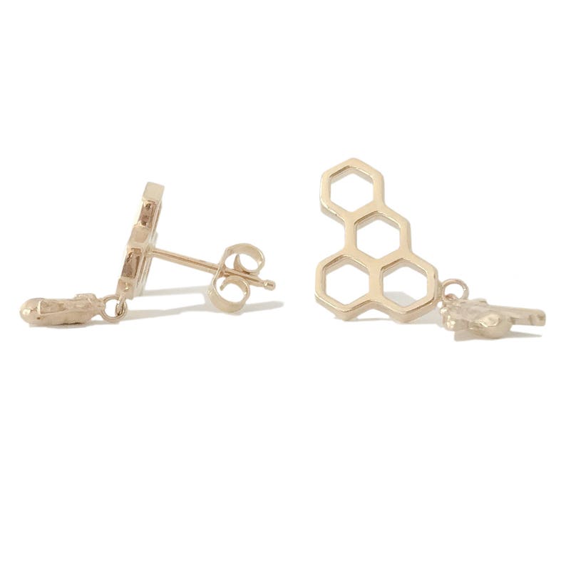 14K Solid Gold Honeycomb Bumblebee Stud Earrings dangle Charm | Etsy