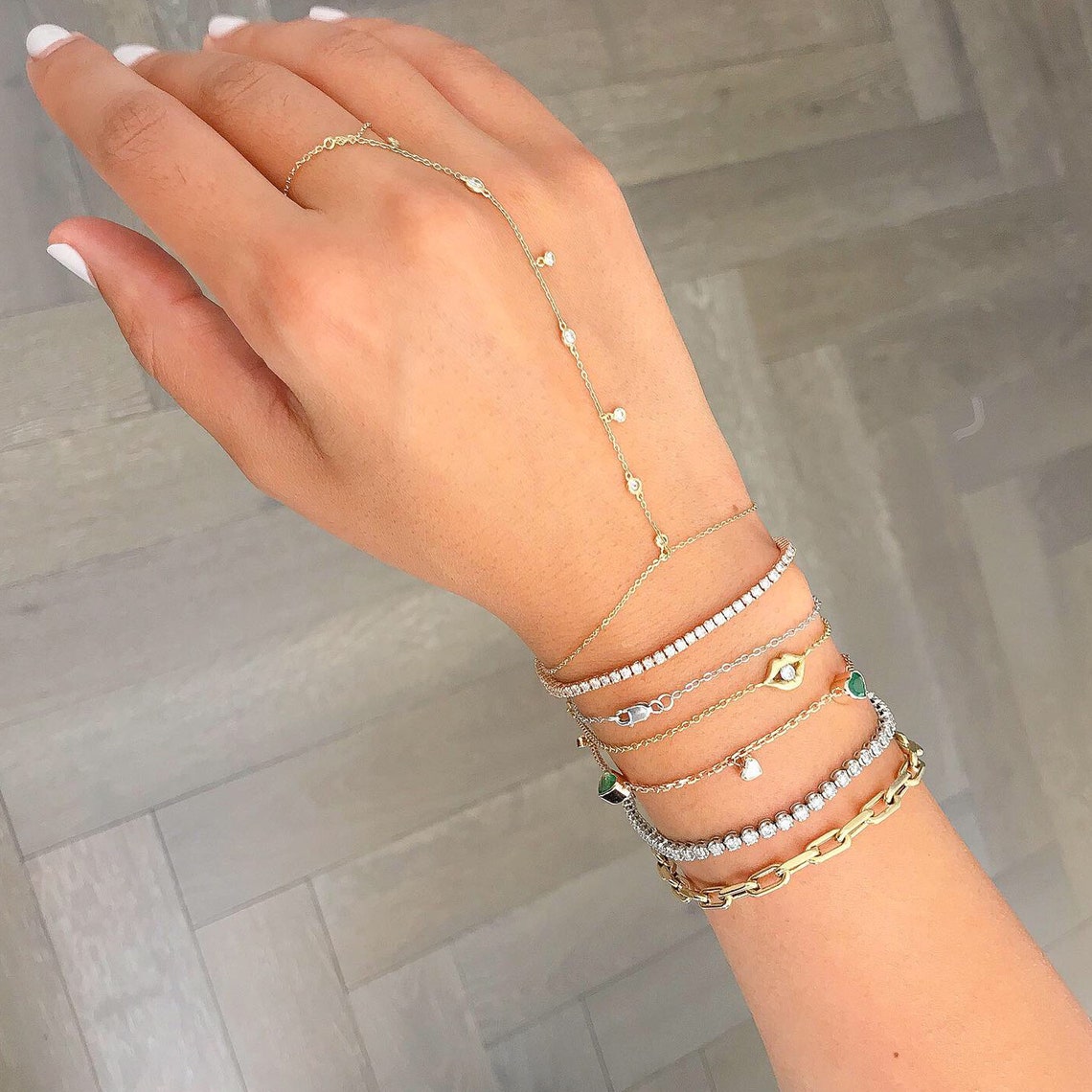 Diamond Fringed 14K Solid Gold Hand Chain Lariat Finger | Etsy