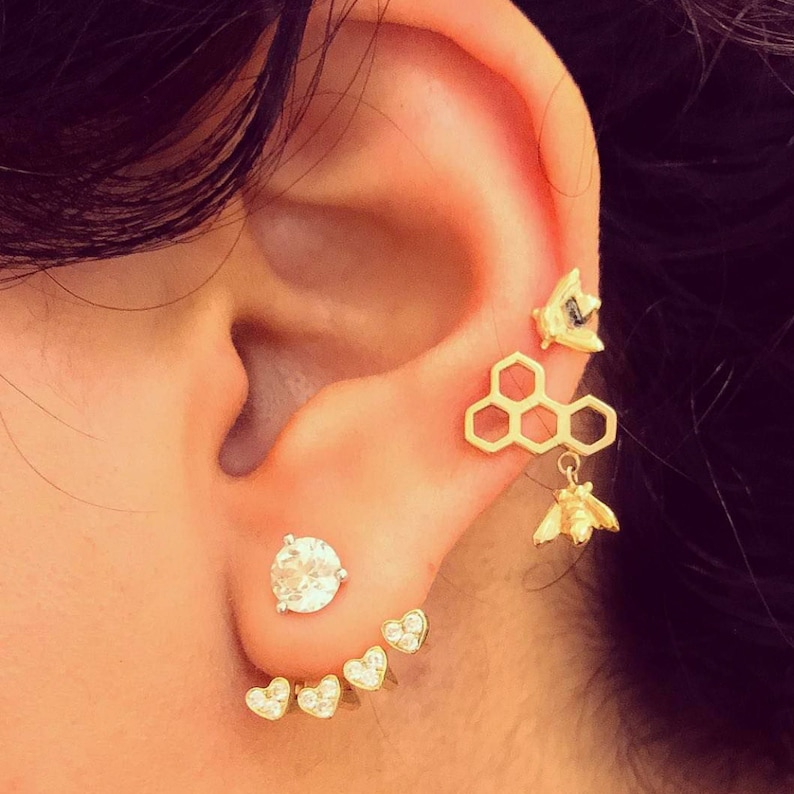 14K Solid Gold Honeycomb Bumblebee Stud Earrings dangle Charm | Etsy