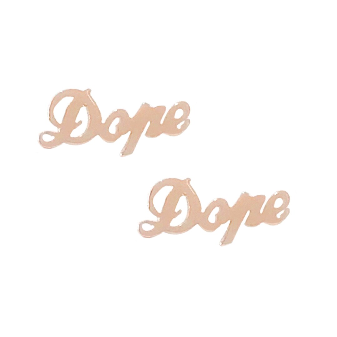 Nameplate dope 14K Solid Gold Stud Earring, Script Font single or Pair ...