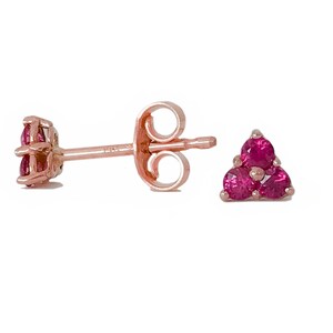 Triple Ruby Cluster 14K Solid Gold Stud Earrings (mini Triangle Trinity ...