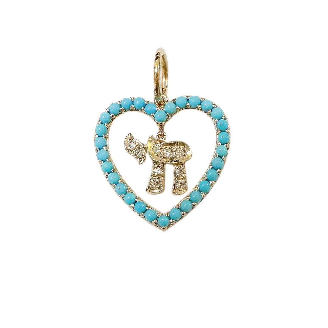 Diamond Chai 14K Solid Gold & Turquoise Heart Shape Frame Charm Pendant ...