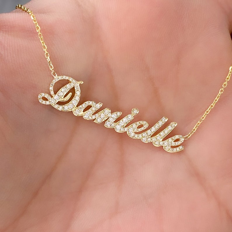 Diamond Nameplate 14K Solid Gold Necklace pavé Name or Word - Etsy