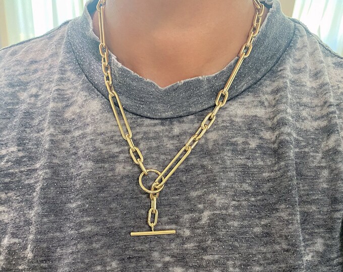 Elongated Oval Link 14K Solid Gold Chain Toggle Necklace, 5 to 1 Link ...