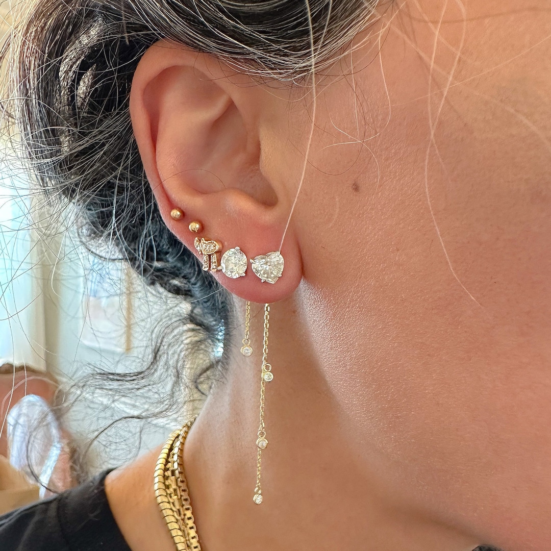 Diamond Fringe Dangle 14K Solid Gold Chain Earring Jacket (convertible ...