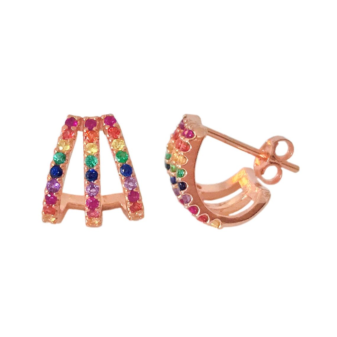 Rainbow 3 Row Hoop 14K Solid Gold Stud Earring Cuff real | Etsy