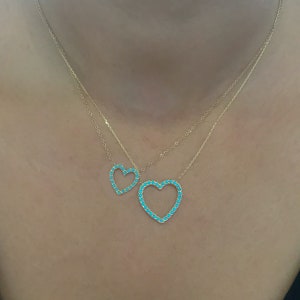 Heart Shape Turquoise 14K Solid Gold Frame Necklace, Small Size Charm ...