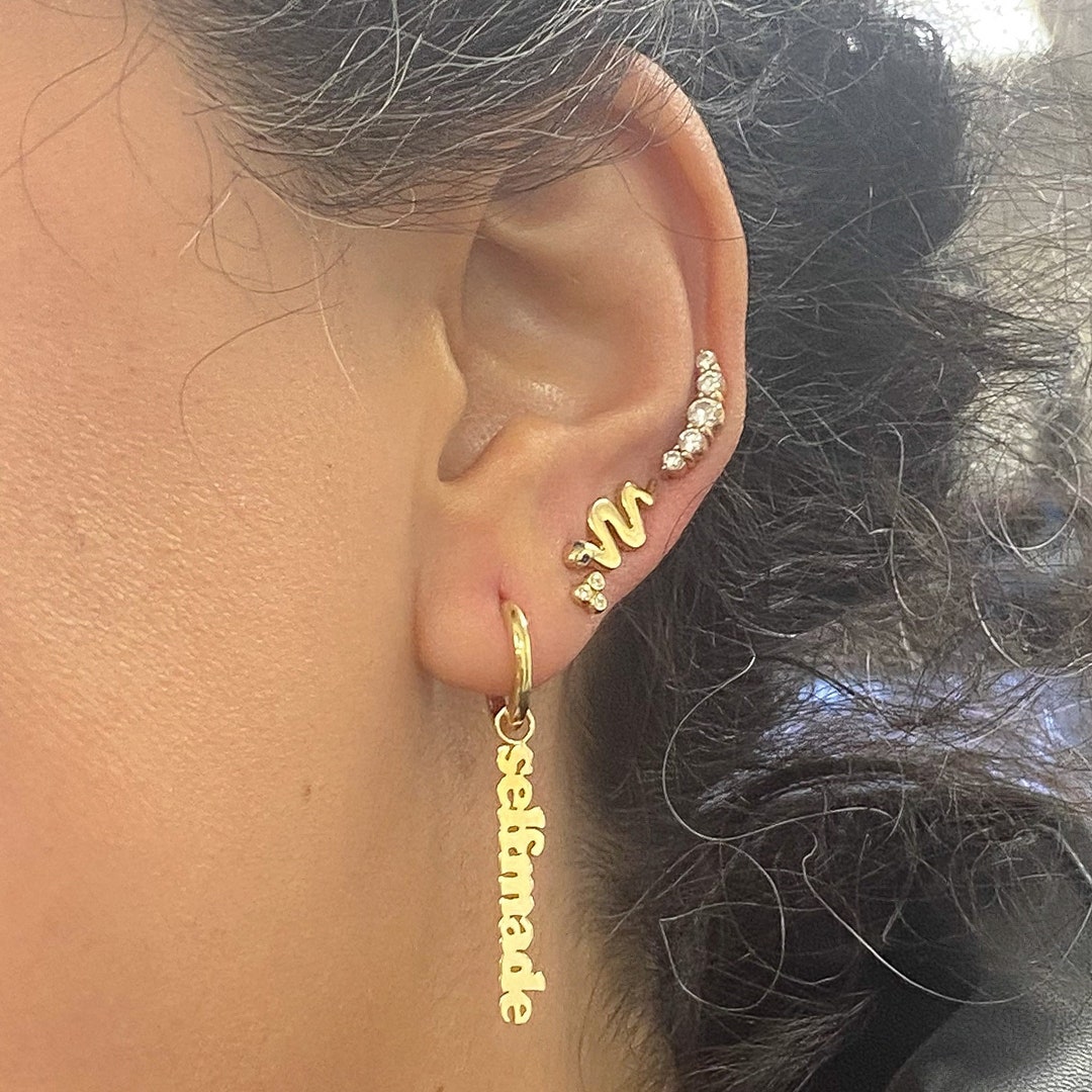 Nameplate Hoop Earring 14K Solid Gold Charm: Custom Block Font ...