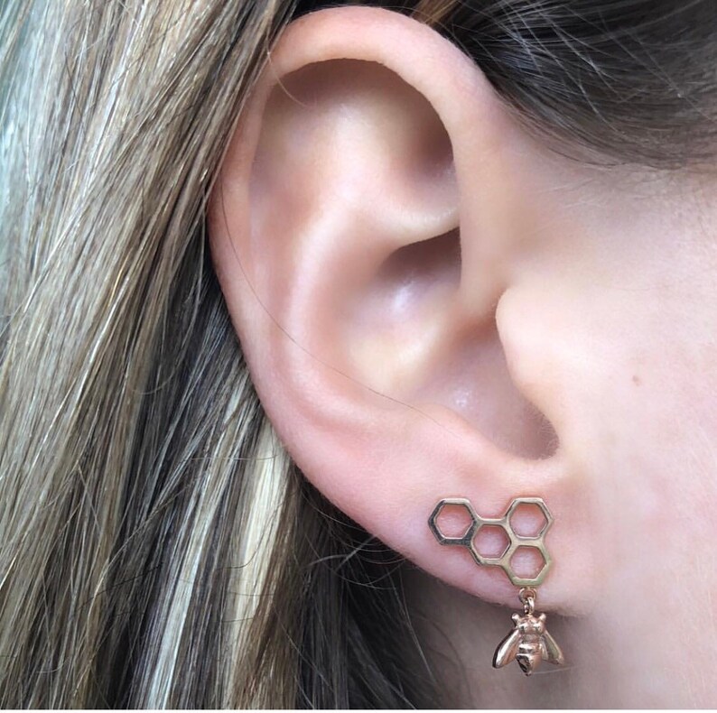 14K Solid Gold Honeycomb Bumblebee Stud Earrings dangle Charm | Etsy