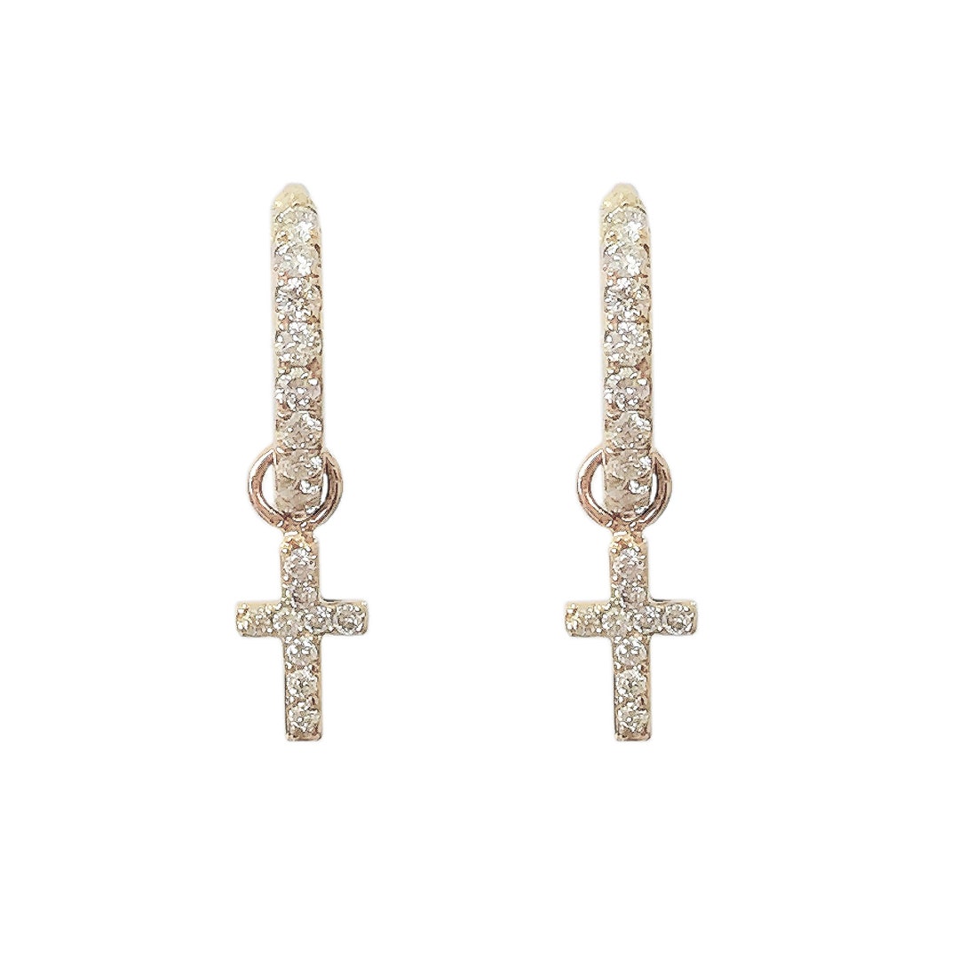Diamond Cross 14K Solid Gold Dangle Charm Huggie Hoop Earrings (all ...
