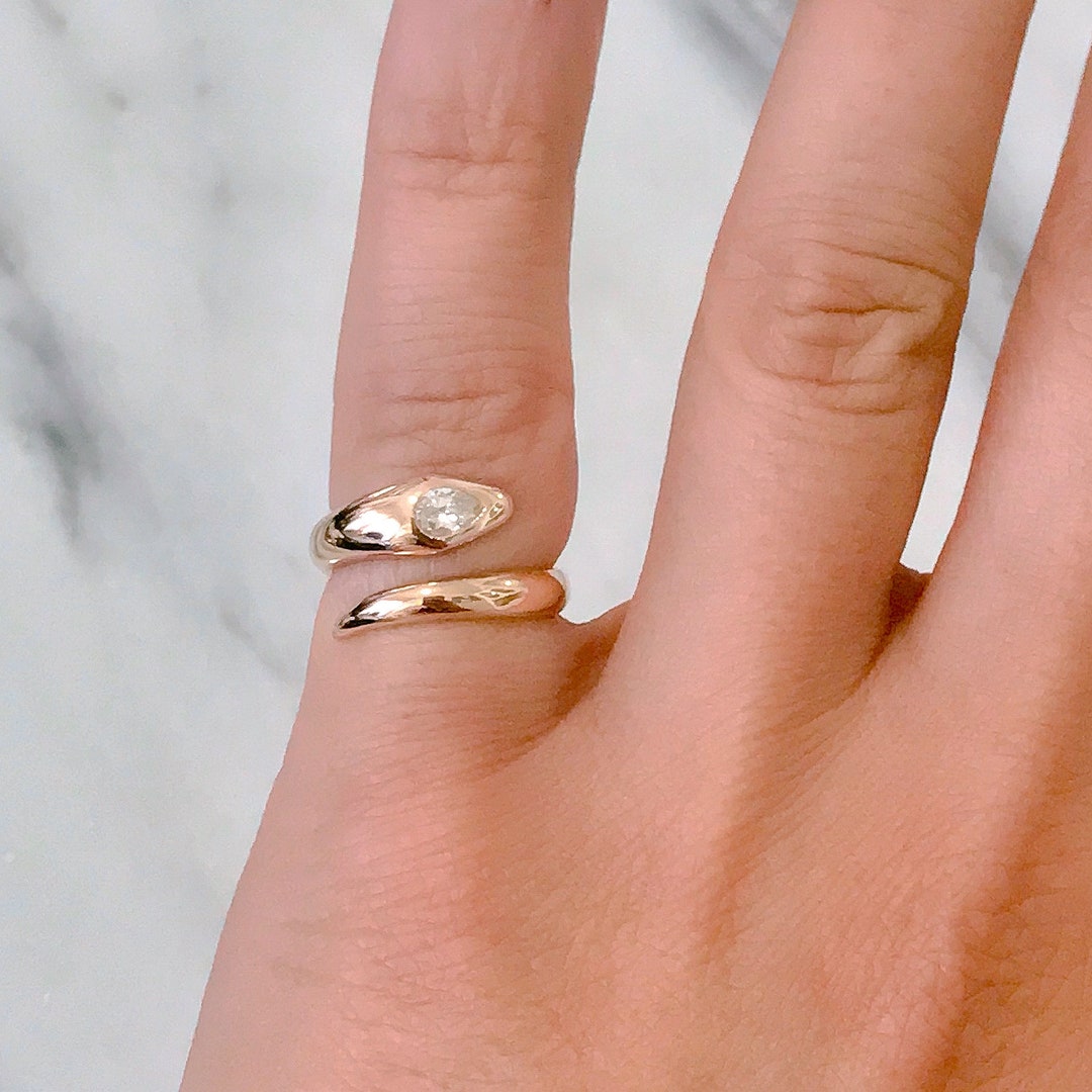14K Solid Gold Snake Ring: Pear Cut Diamond Cobra Wrap Band; Made With ...