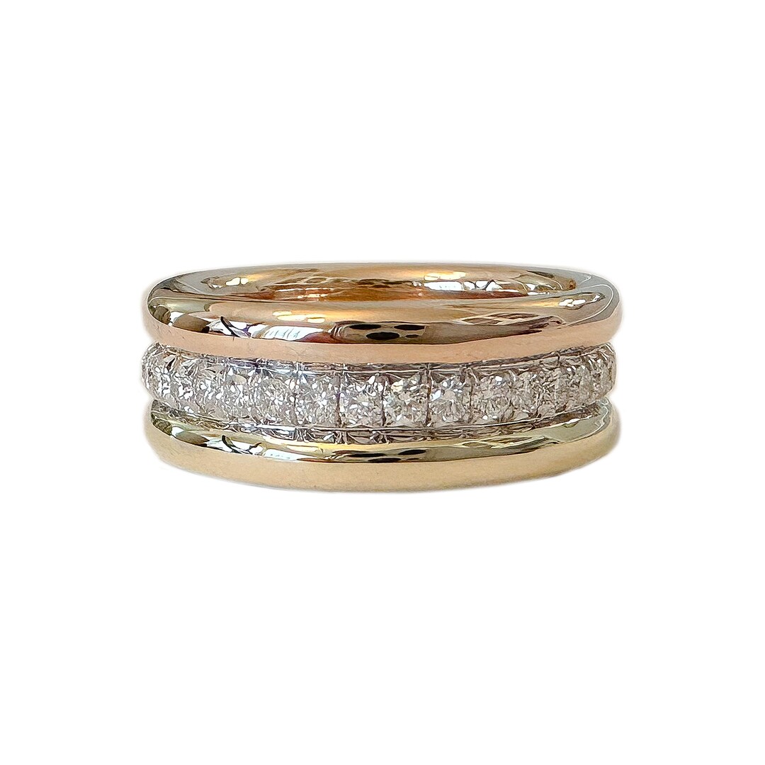 Diamond 14K Tri Color Solid Gold Eternity Band Ring (full Pavé Natural ...