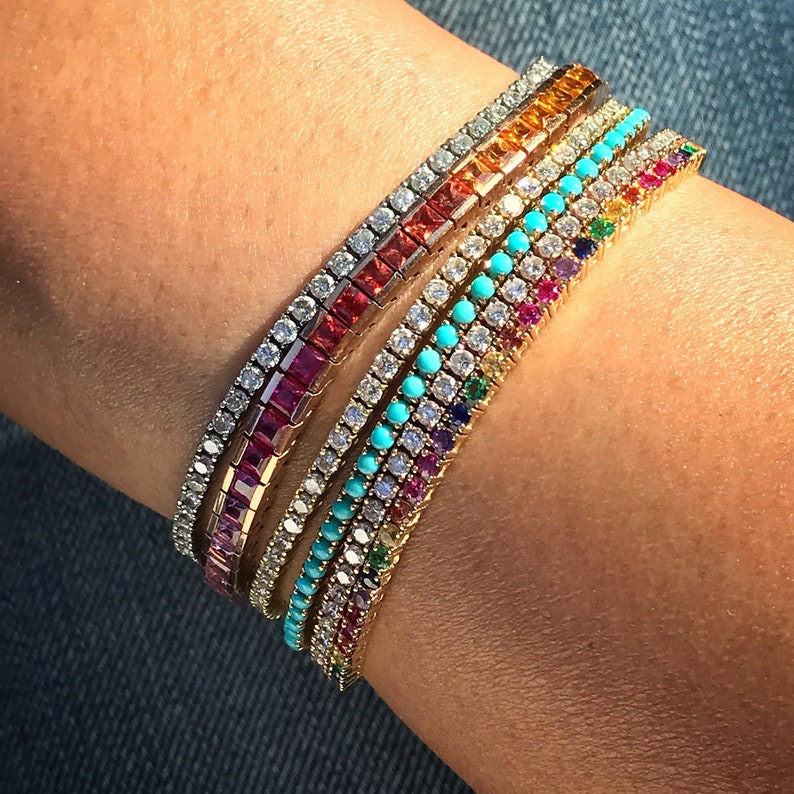 Rainbow Sapphire 14k Solid Gold Tennis Bracelet Real Natural Etsy