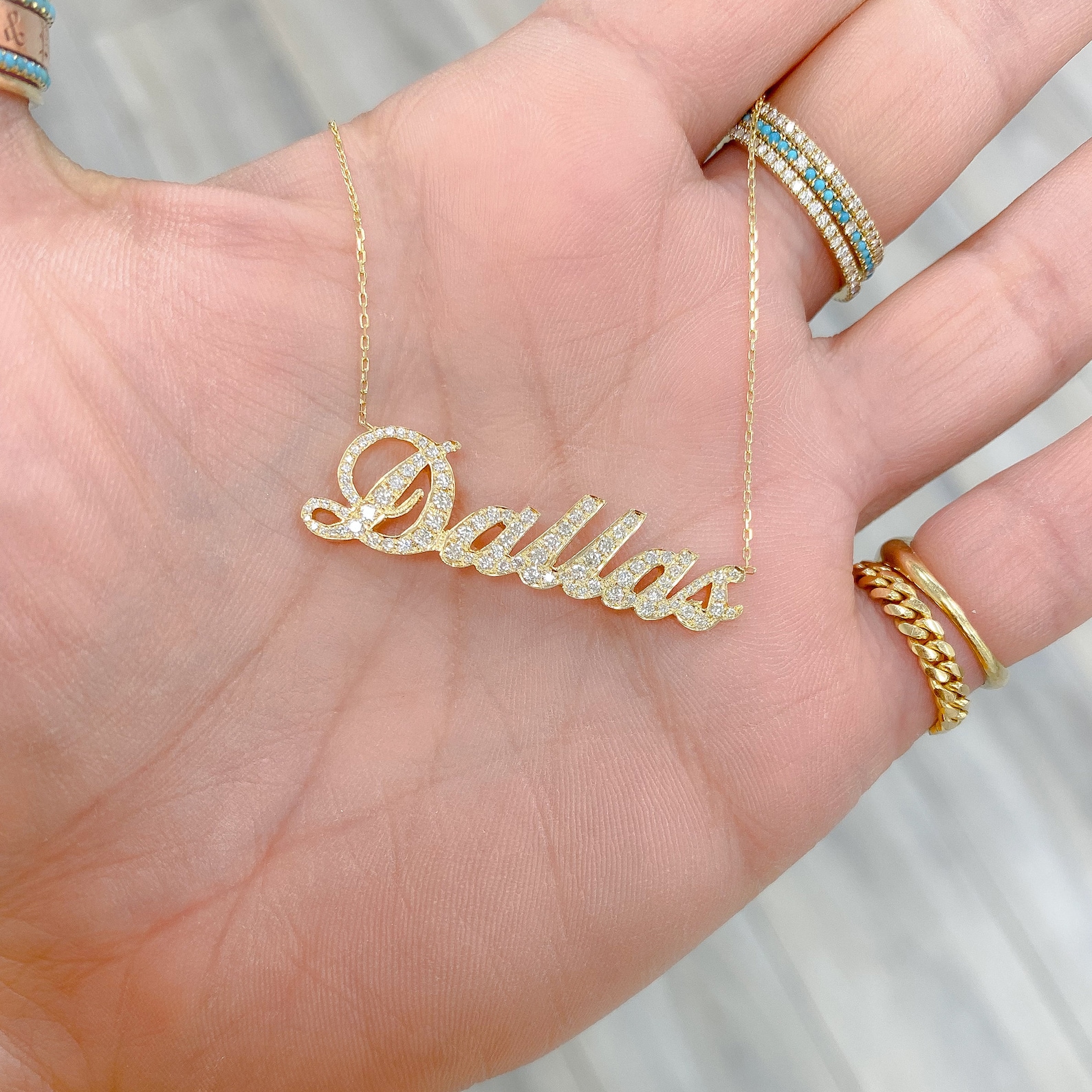Diamond Nameplate 14K Solid Gold Necklace pavé Name or Word | Etsy