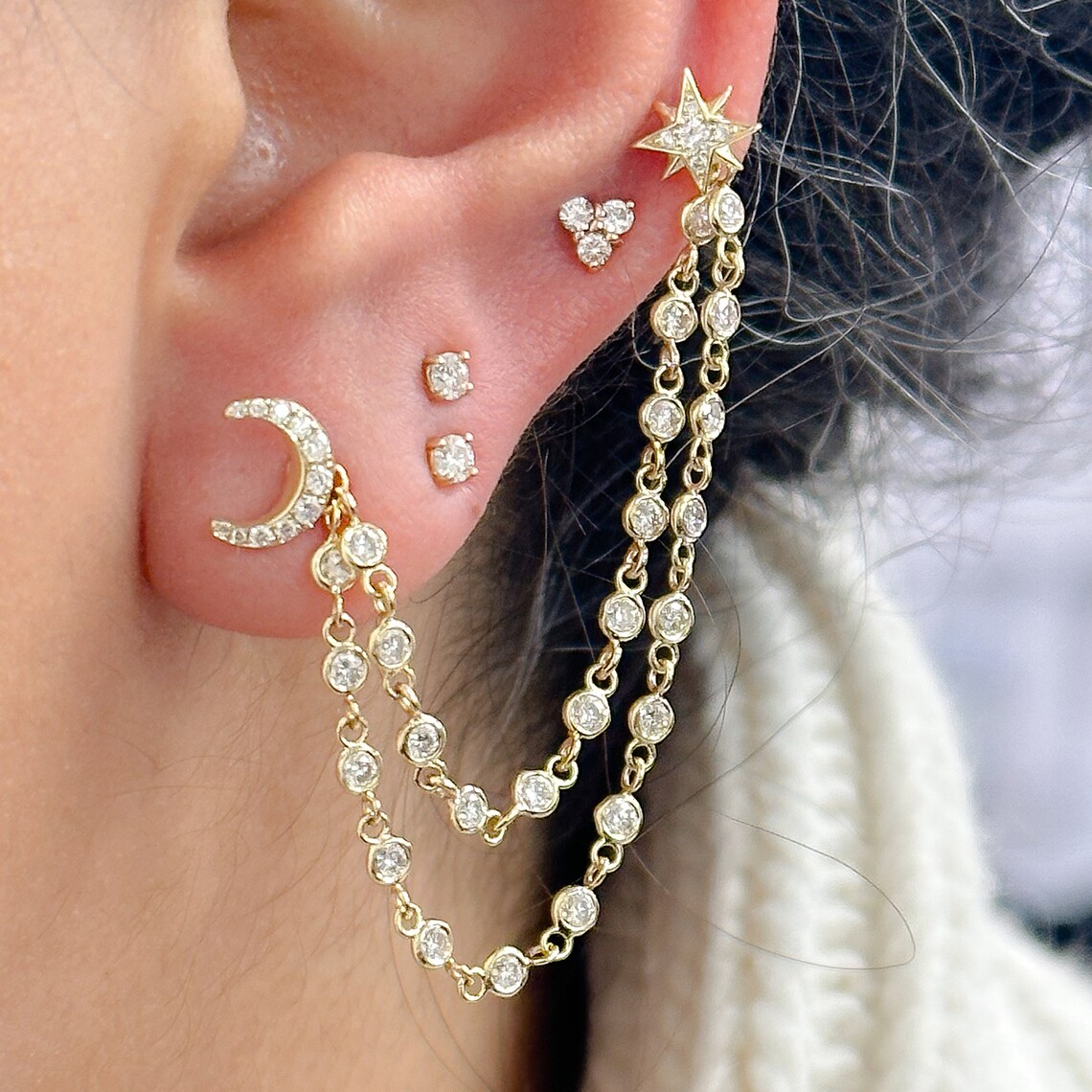 Diamond Double Chain 14K Solid Gold Earring Jacket (single): Natural ...