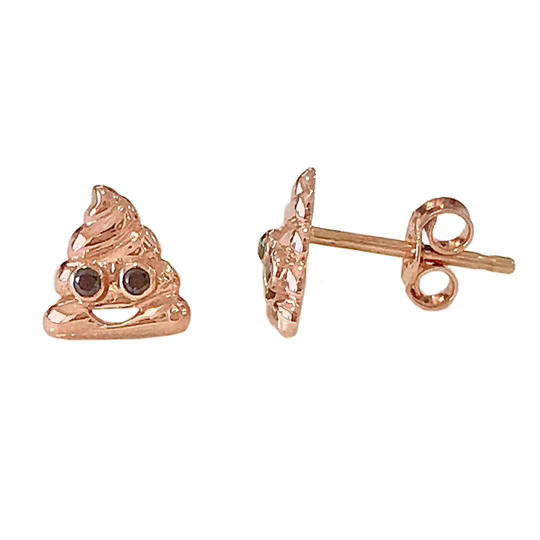 14K Solid Gold Poop Emoji Stud Earrings With Natural Real Black ...
