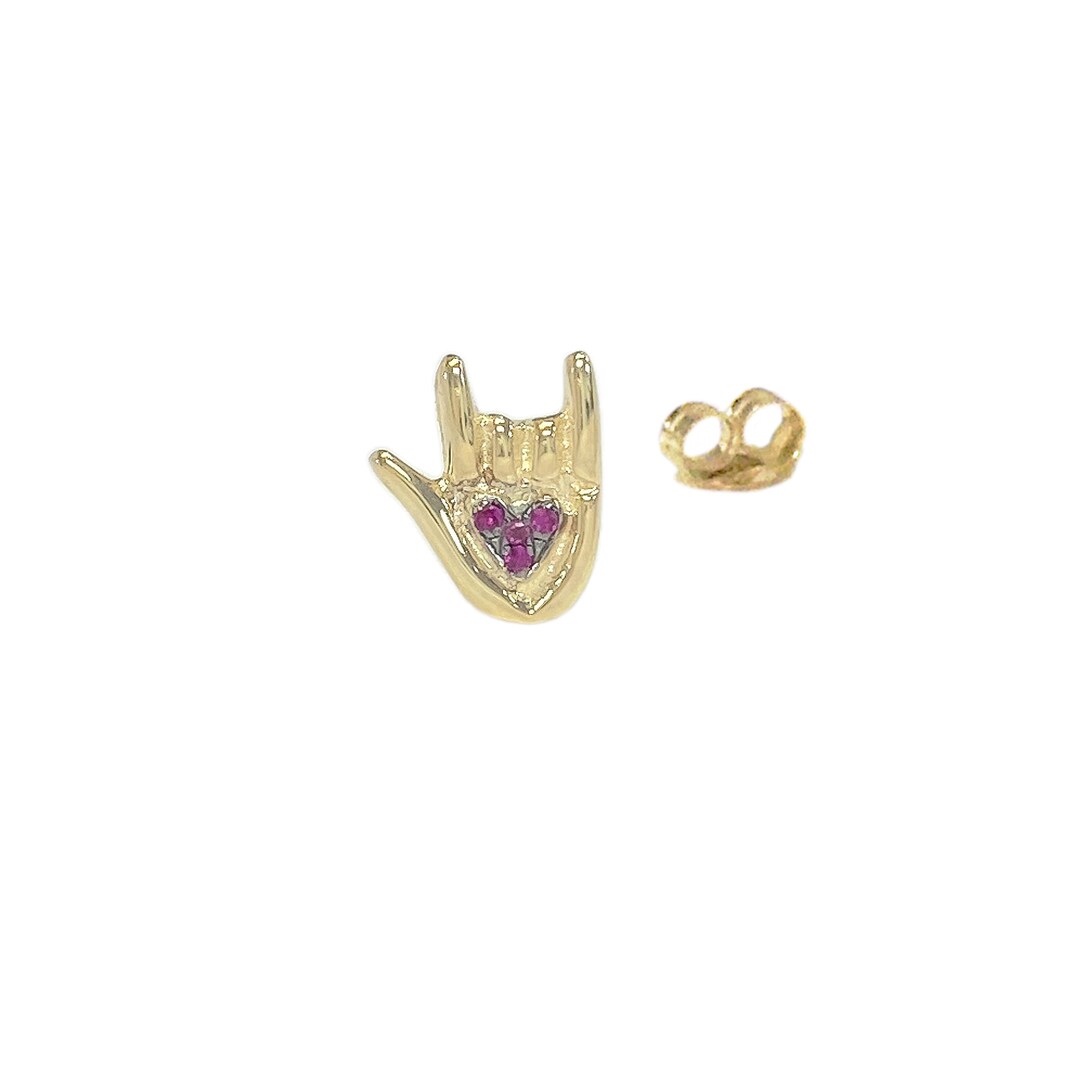 Ruby ILY 14K Solid Gold "love" Hand Sign Language Stud Earring (unisex ...