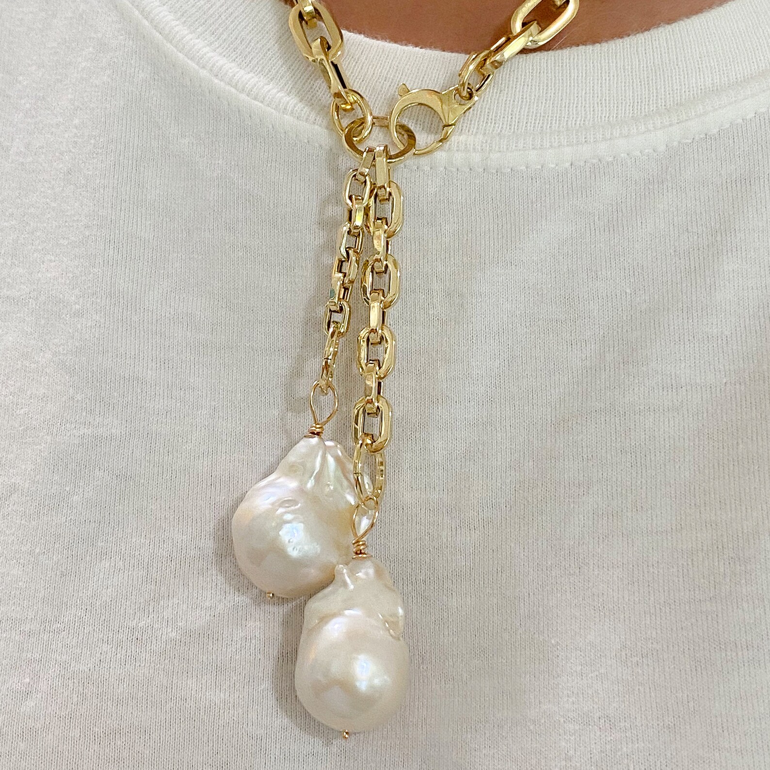 Baroque Fireball Pearl 14K Solid Gold Pendant: Natural White Freshwater ...