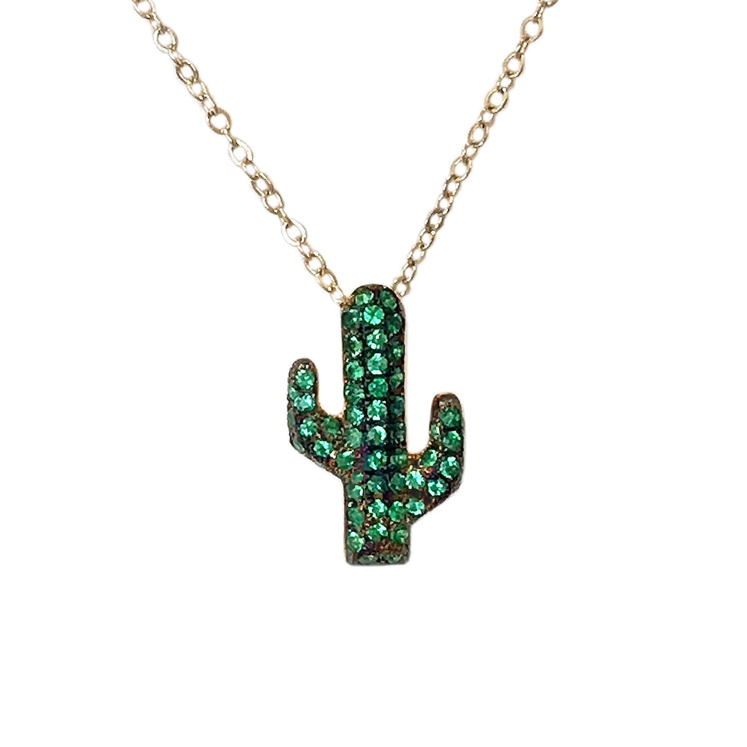 14K Solid Gold Emerald Cactus Necklace unique Pavé Saguaro Charm ...