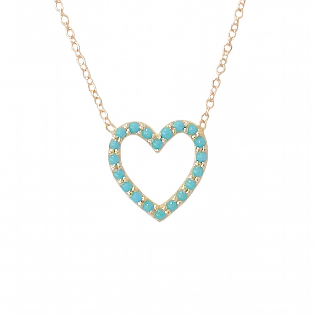 Heart Shape Turquoise 14K Solid Gold Frame Necklace, Small Size Charm ...