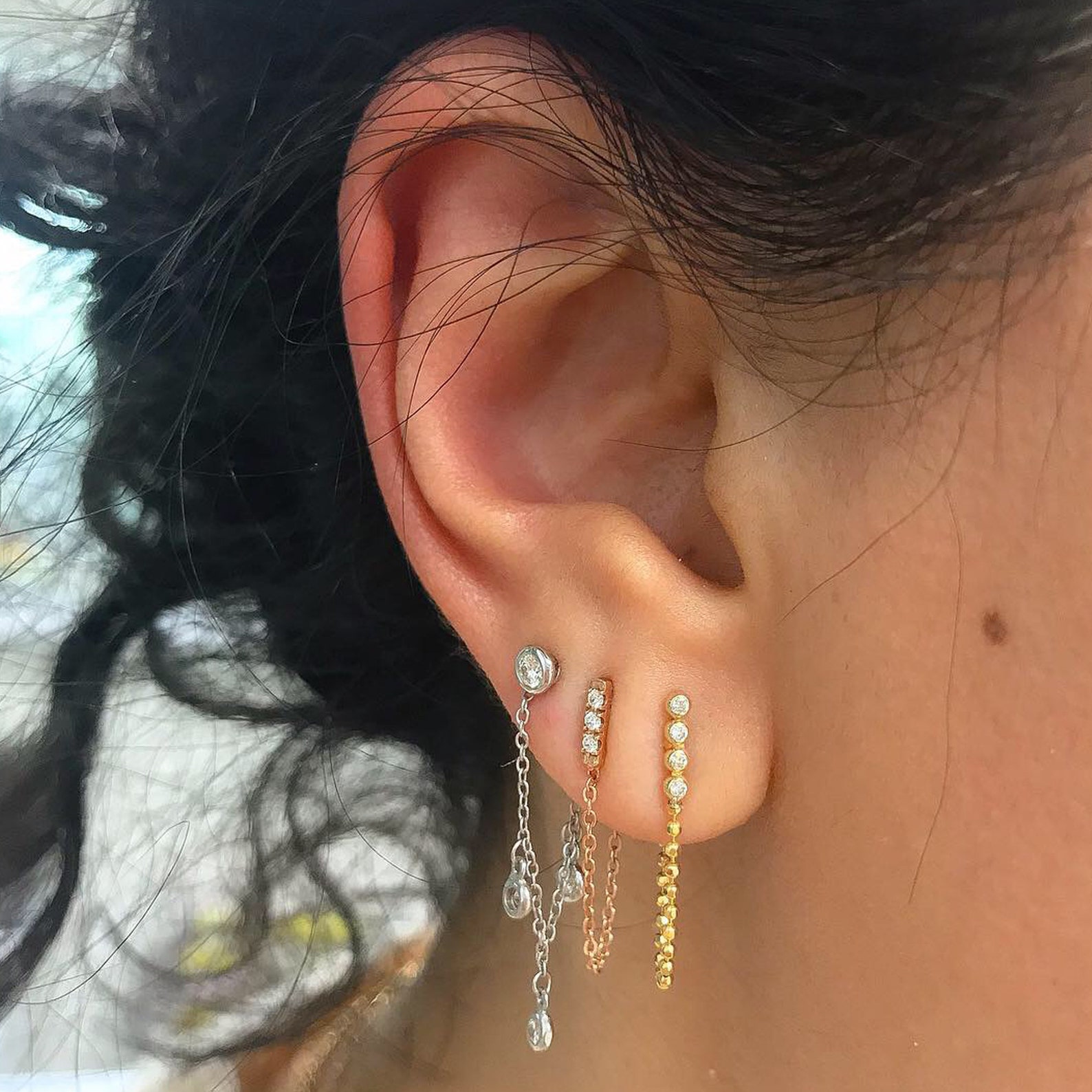 Triple Diamond Dangle 14K Solid Gold Convertible Chain Earring | Etsy