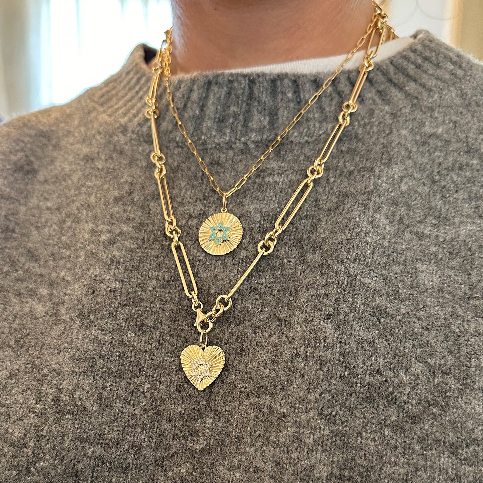 Star of David 14K Solid Gold Medallion Pendant: Real Natural Turquoise ...