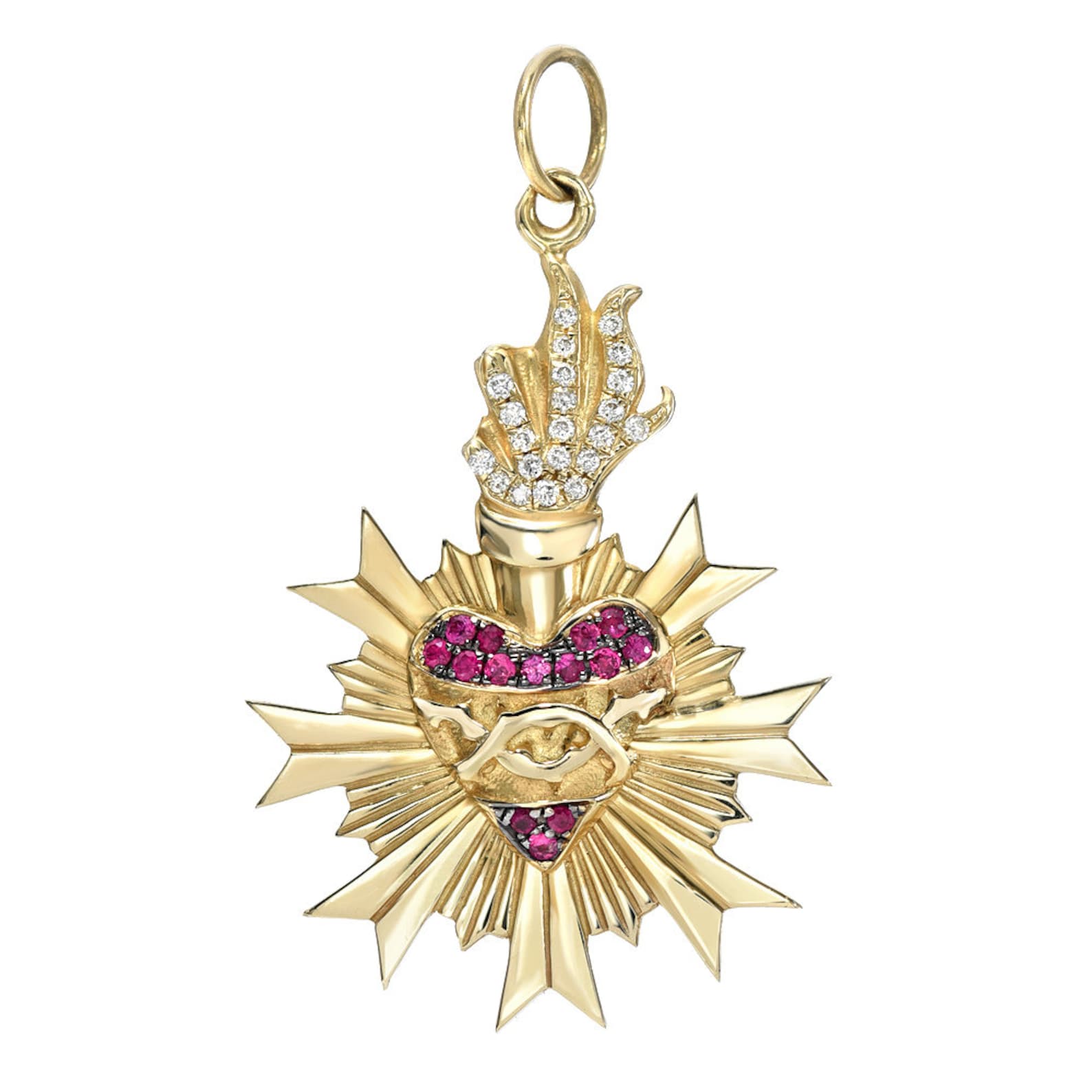 Flaming Sacred Heart 14K Solid Gold Necklace Fluted Charm (sacred Heart ...