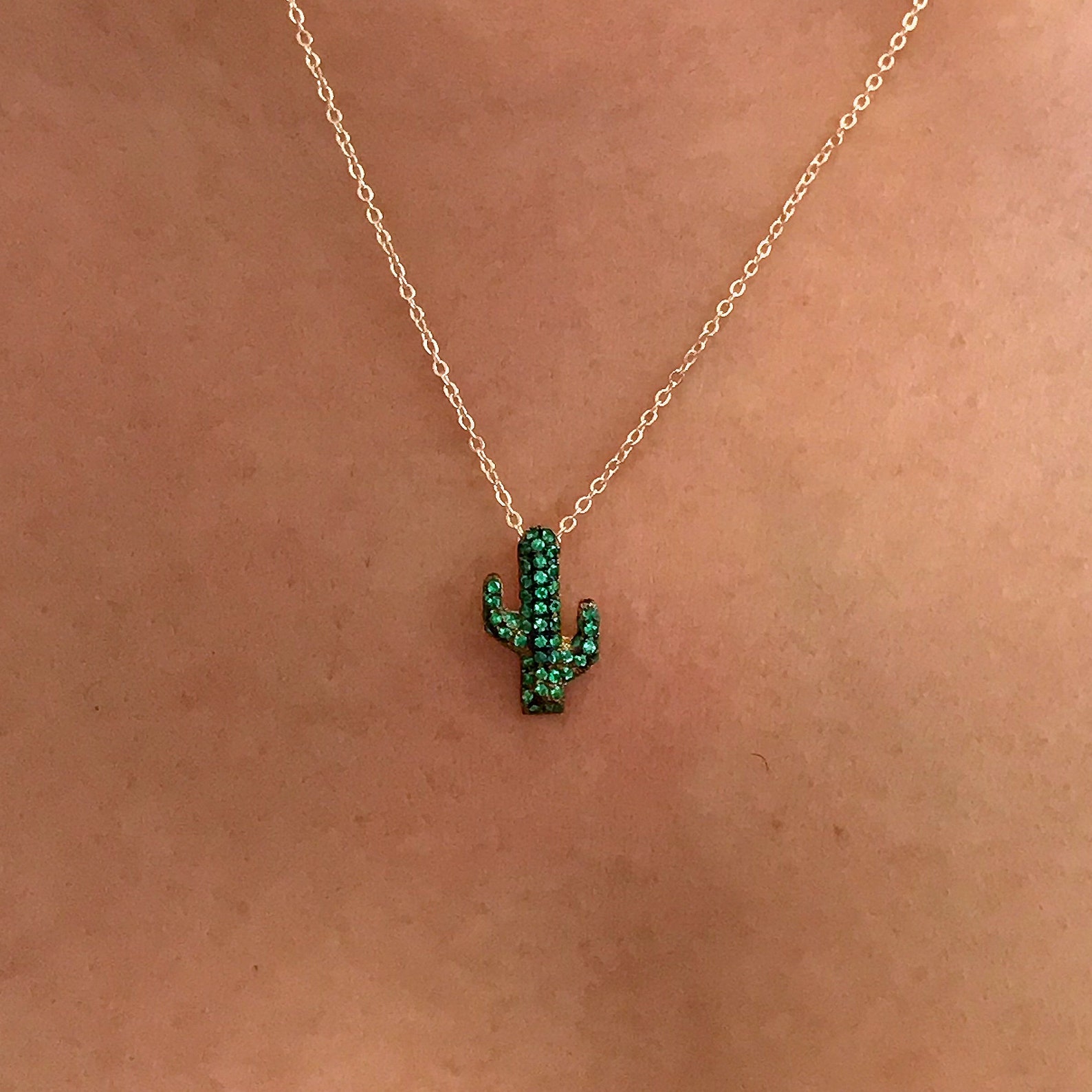 14K Solid Gold Emerald Cactus Necklace unique Pavé Saguaro Charm ...