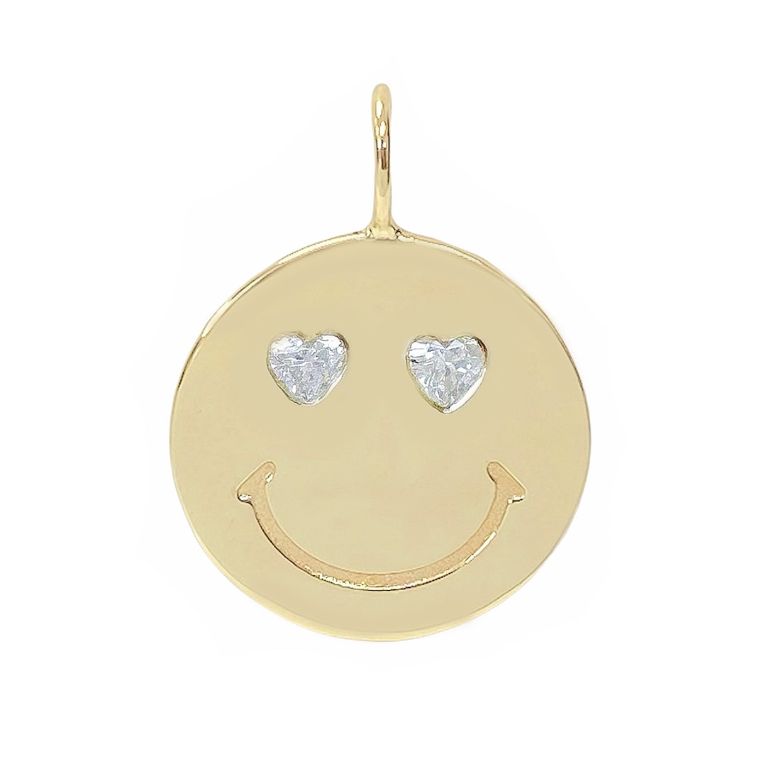 Diamond Smiley Face 14K Solid Gold Pendant: Heart Eyes Emoji Charm ...