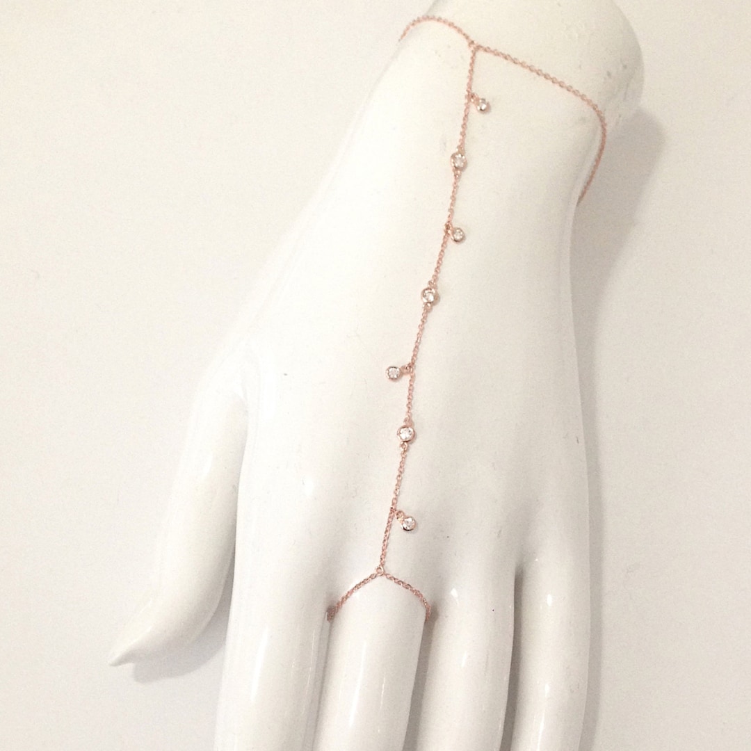 Diamond Fringed 14K Solid Gold Hand Chain Lariat Finger Bracelet (boho ...