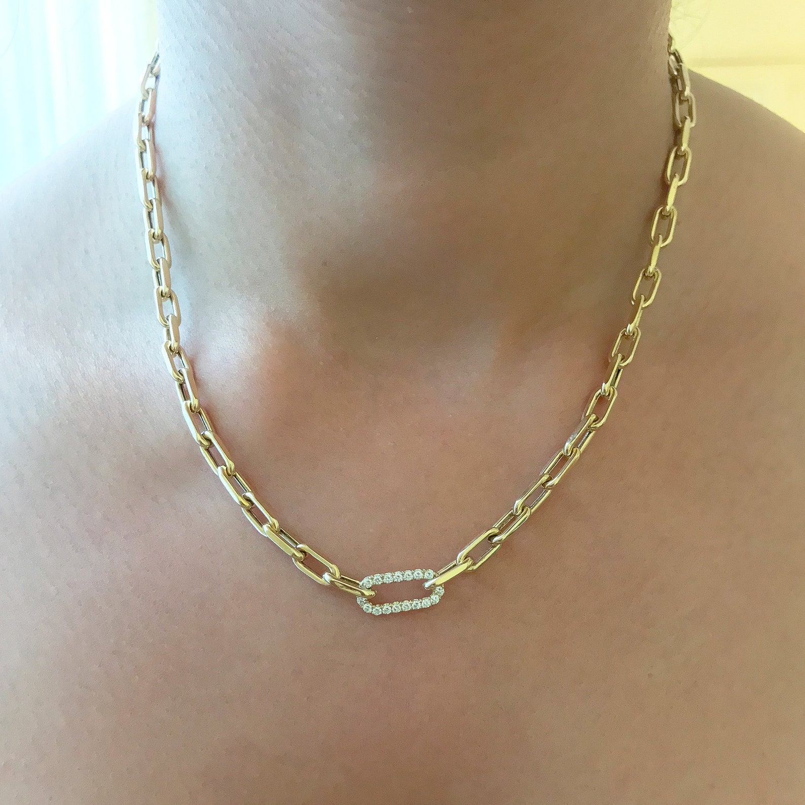 Thick Oval Diamond Link 14K Solid Gold Italian Chain Link Necklace ...