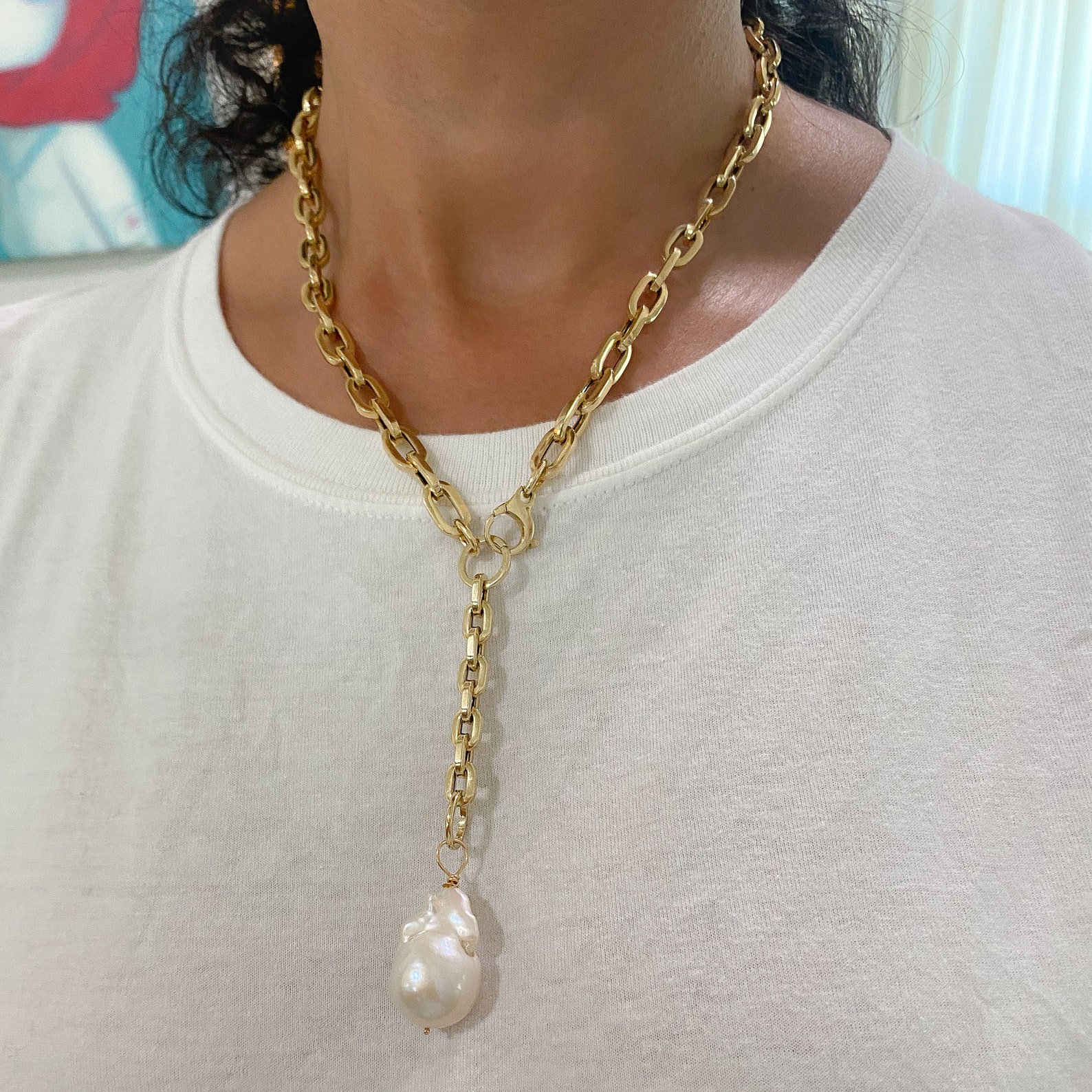Baroque Fireball Pearl 14K Solid Gold Pendant: Natural White Freshwater ...