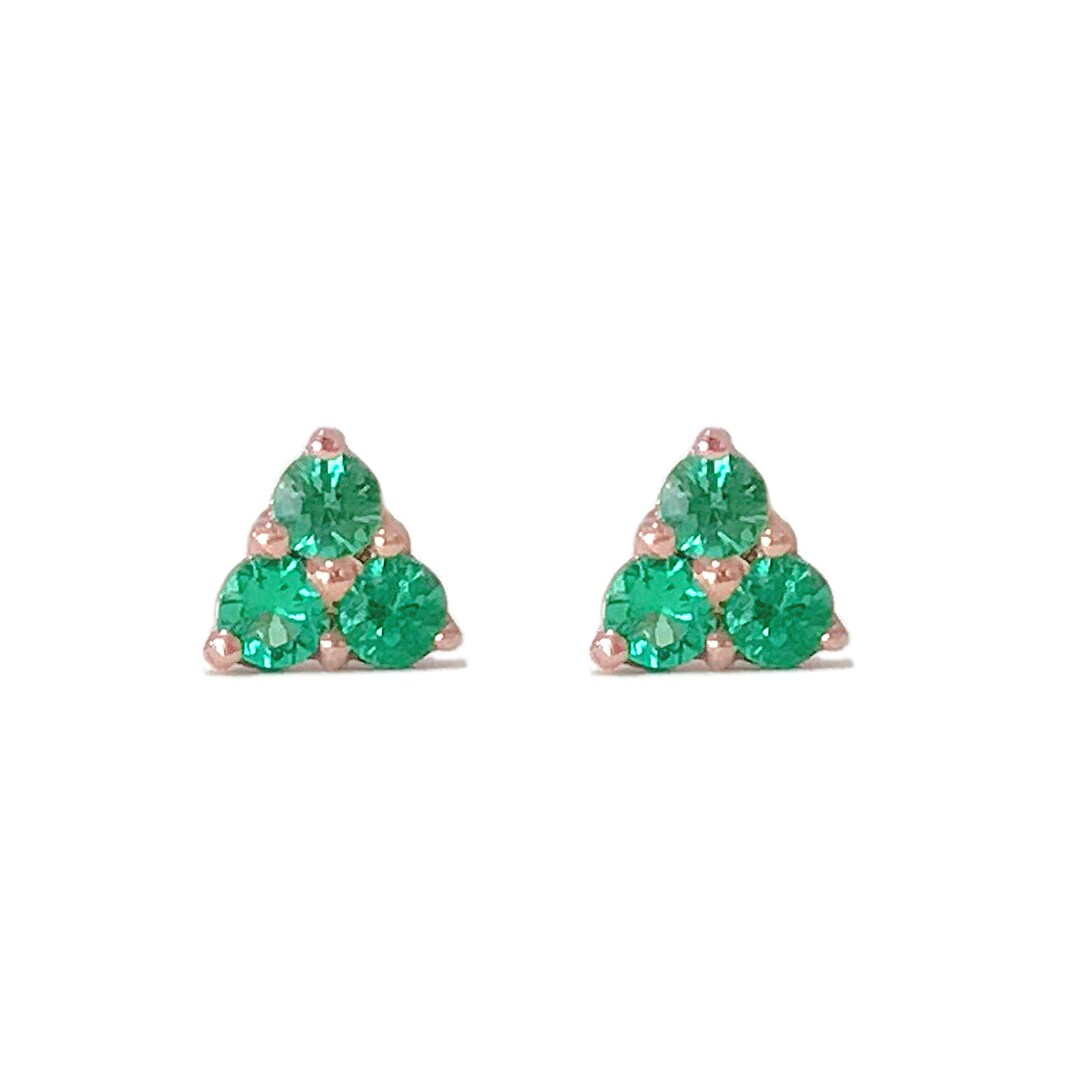 14K Solid Gold Emerald Cluster Stud Earrings: Trinity Triangle Real Natural Emerald Clusters ...