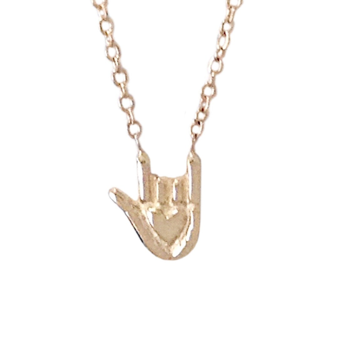 ILY Hand Sign Language 14K Solid Gold Necklace: Unisex Charm Pendant ...