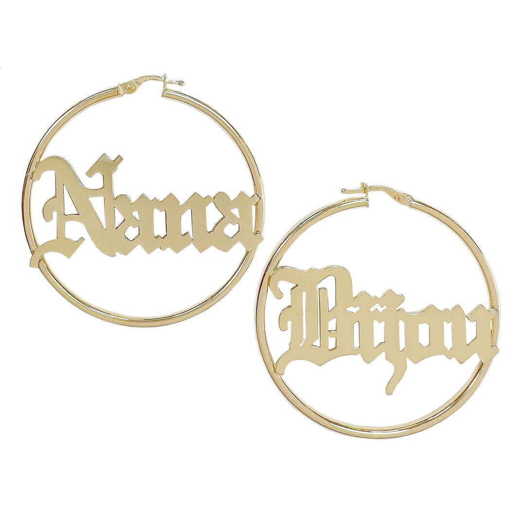 Nameplate Hoop Earrings 14K Solid Gold, Old English Font (1.75 Inch ...