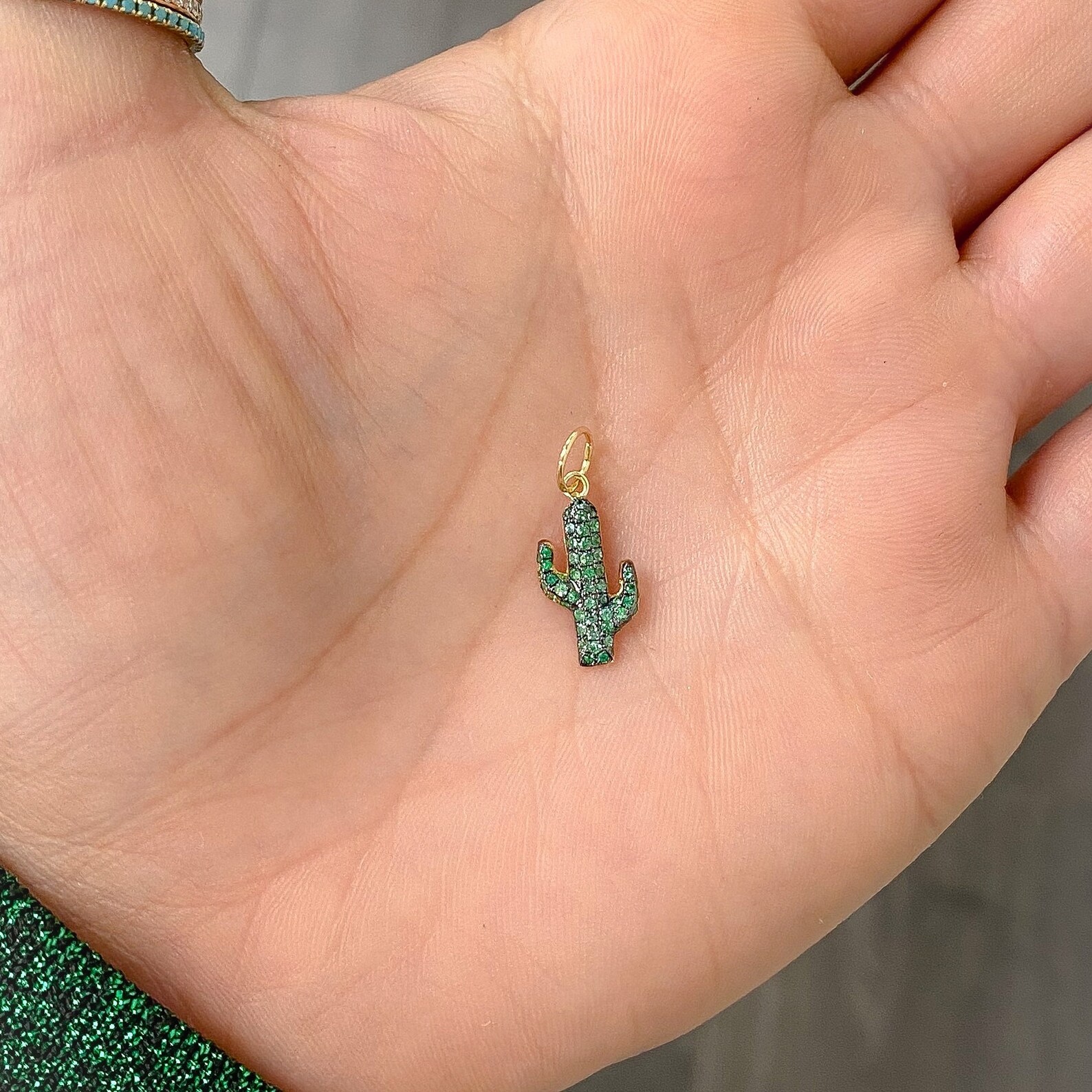 14K Solid Gold Emerald Cactus Necklace unique Pavé Saguaro Charm ...