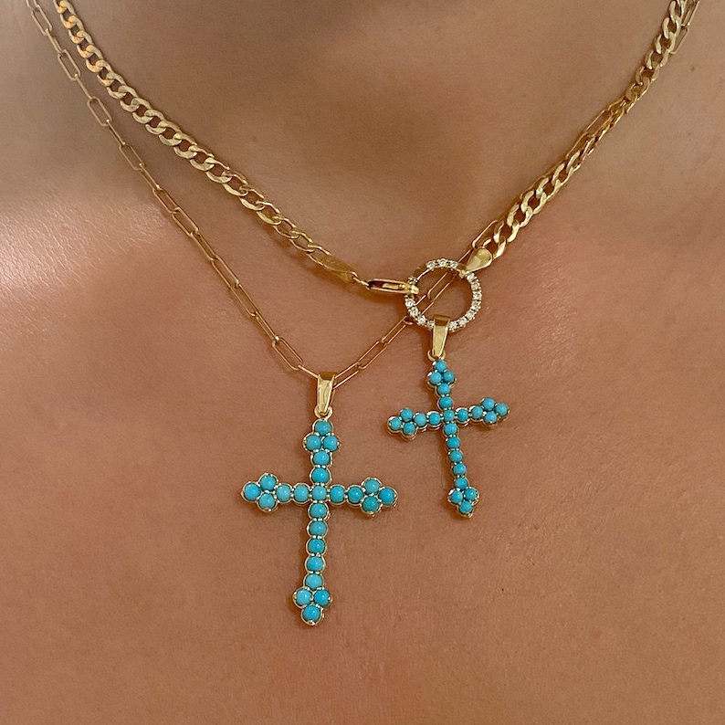 Turquoise Cross 14K Solid Gold Charm Necklace Large Size - Etsy