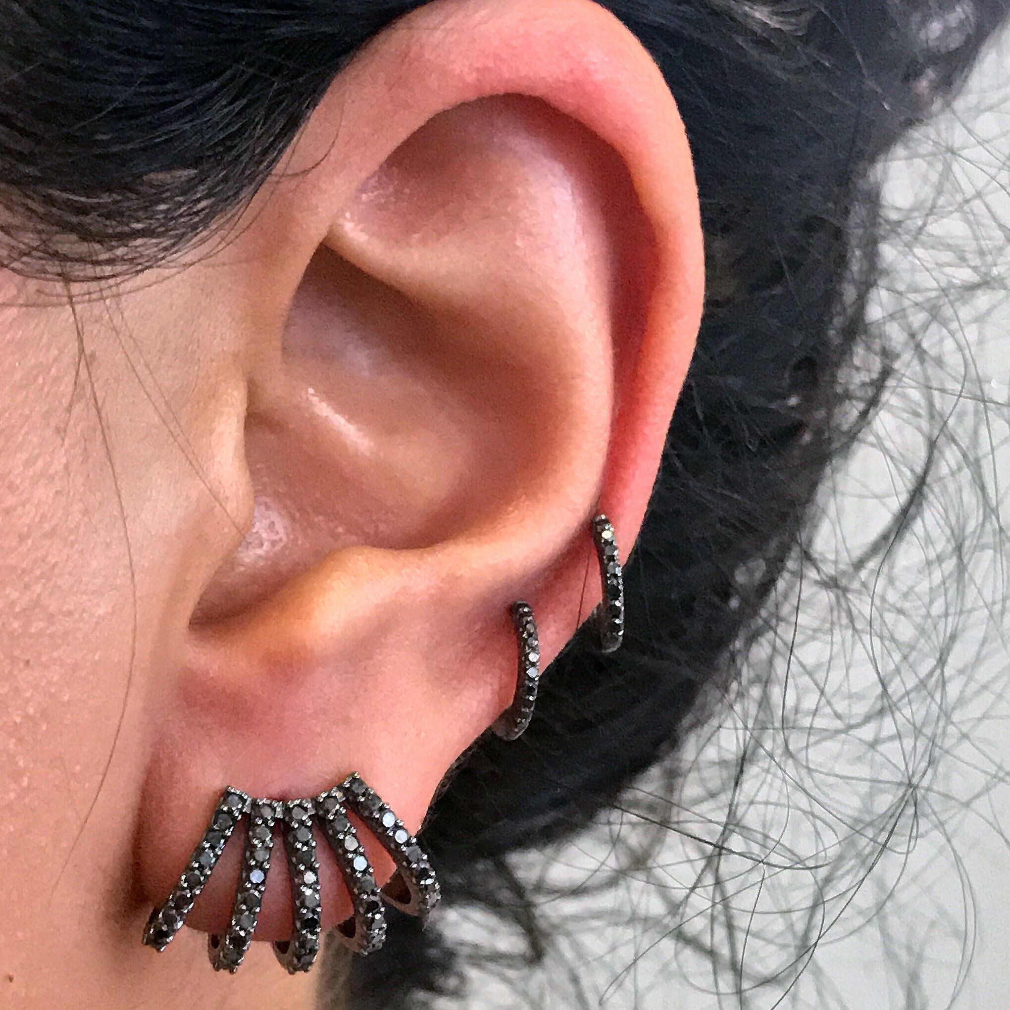 Black Diamond Huggie Hinged 14K Solid Gold & Black Rhodium Hoop Earring ...