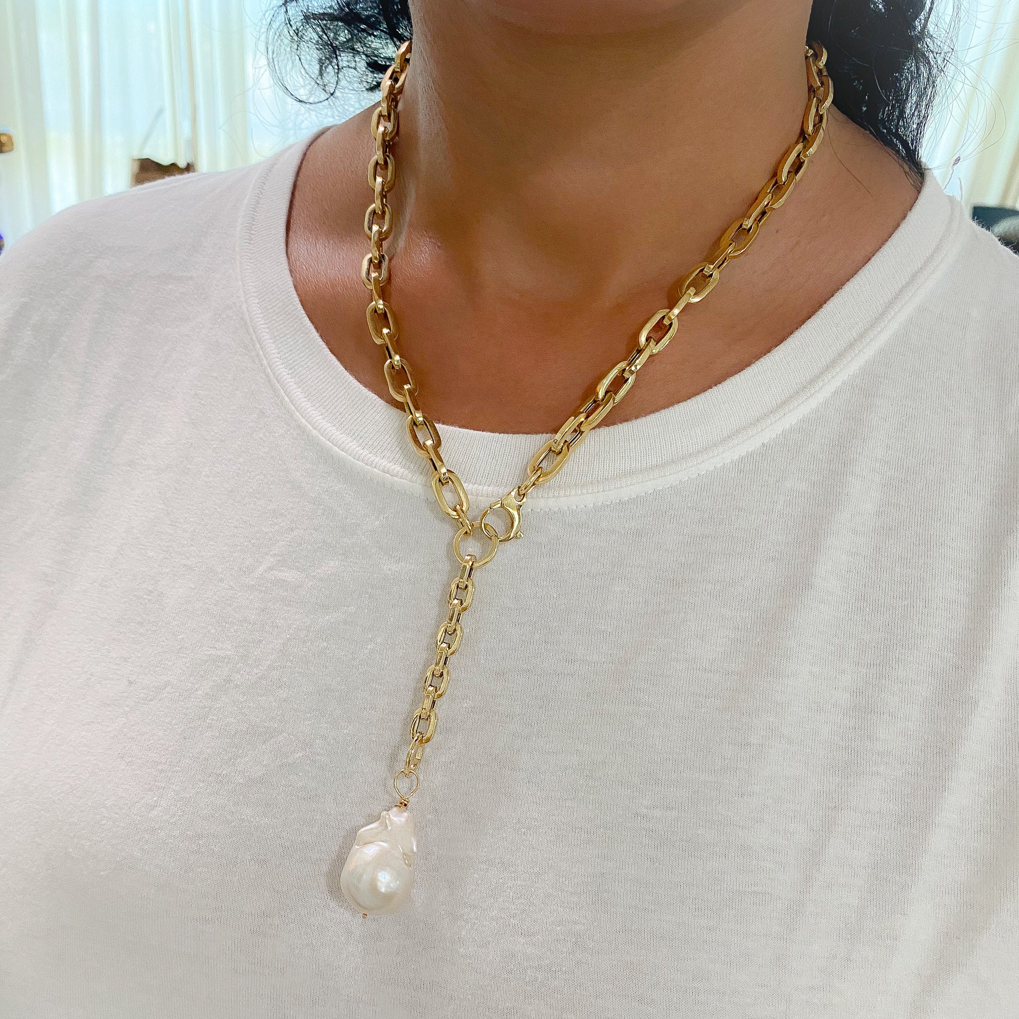 Baroque Fireball Pearl 14K Solid Gold Pendant: Natural White Freshwater ...
