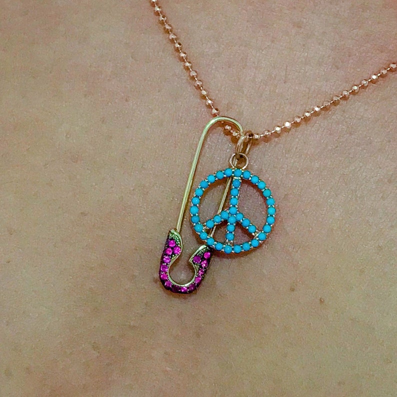 Turquoise Peace Sign 14K Solid Gold Pendant Necklace Small | Etsy