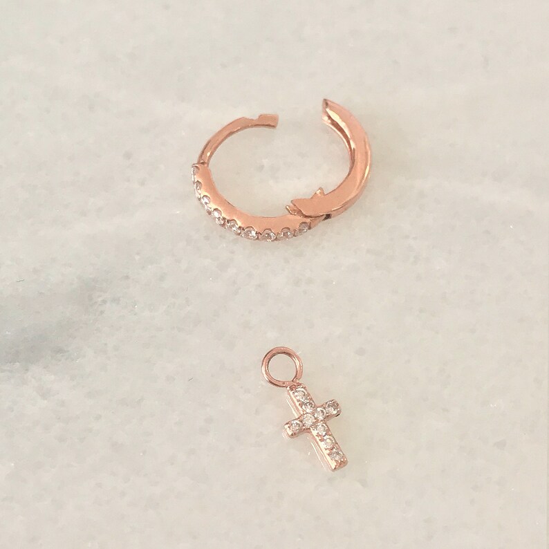 Diamond Cross 14K Solid Gold Dangle Charm Huggie Hoop Earrings | Etsy