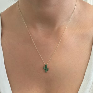 14K Solid Gold Emerald Cactus Necklace unique Pavé Saguaro Charm ...