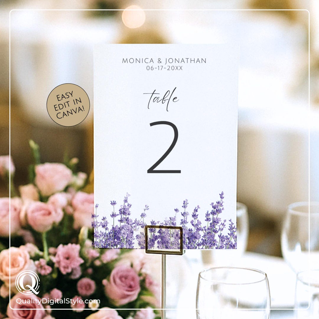 Lavender Table Number Wedding Signage Rustic Reception Template Canva ...