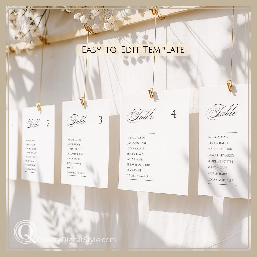 Custom Seating Chart Cards – Minimalist Wedding Décor – DIY Editable ...