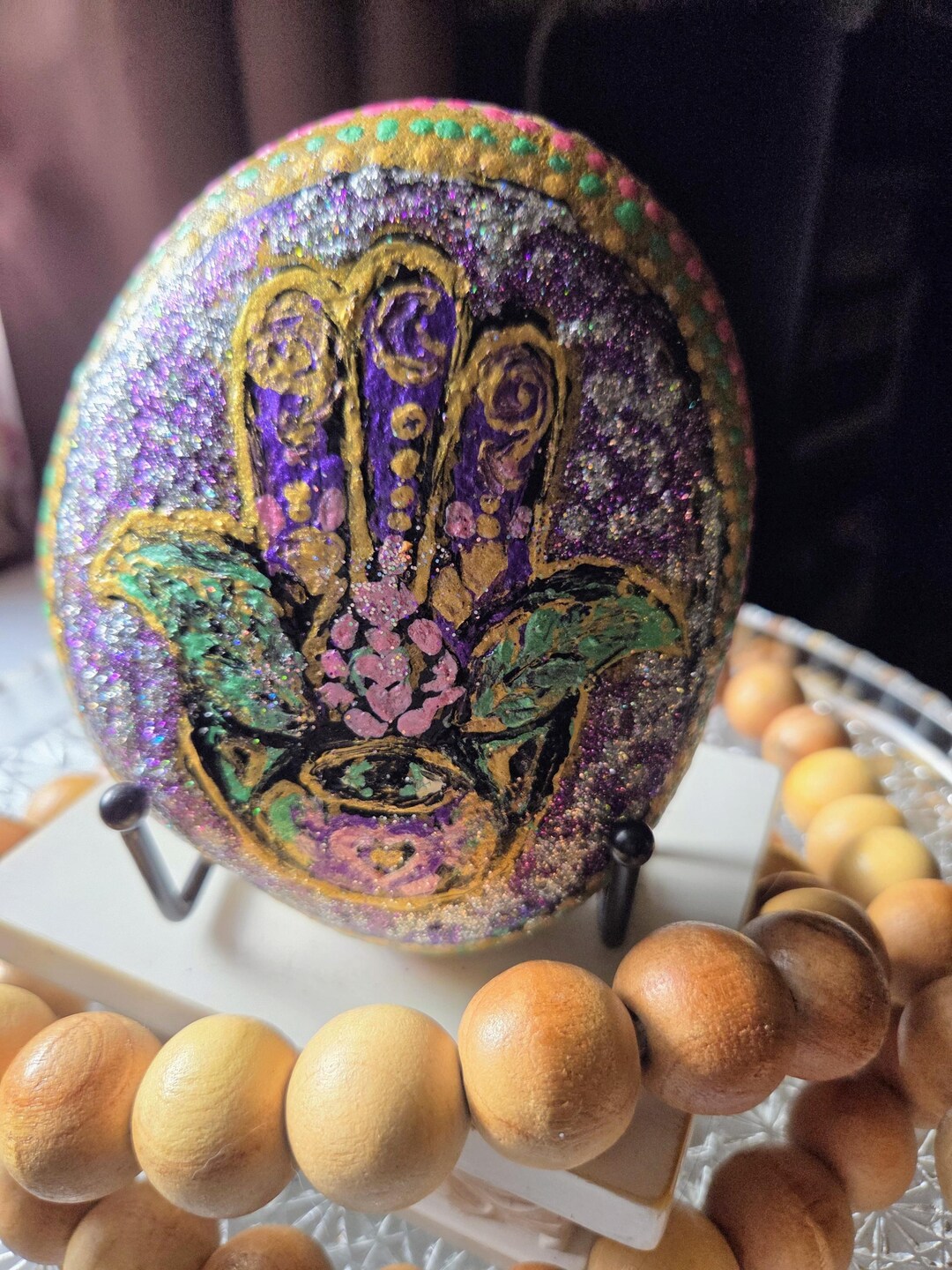 Haind Painted Hamsa Painted Rock With Stand, Spiritual Symbol ...