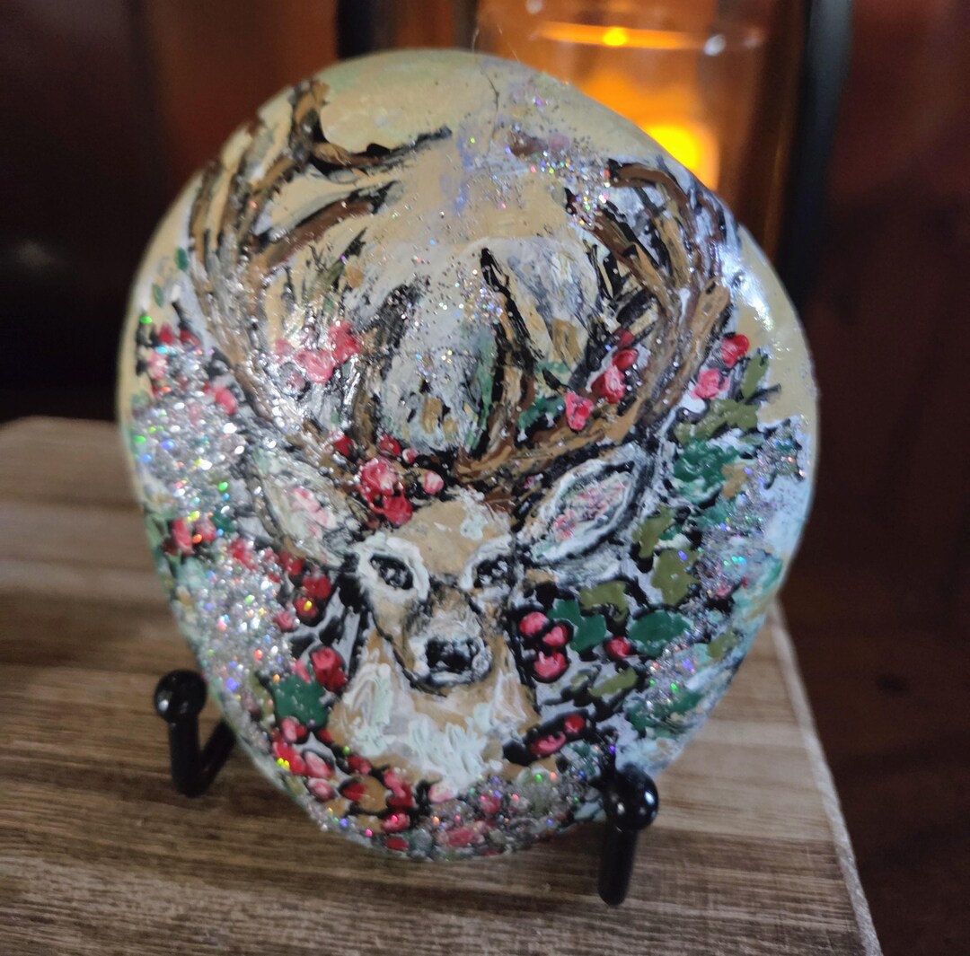 Hand Painted Rock Deer With Stand: Nature-inspired Christmas Decor - Etsy