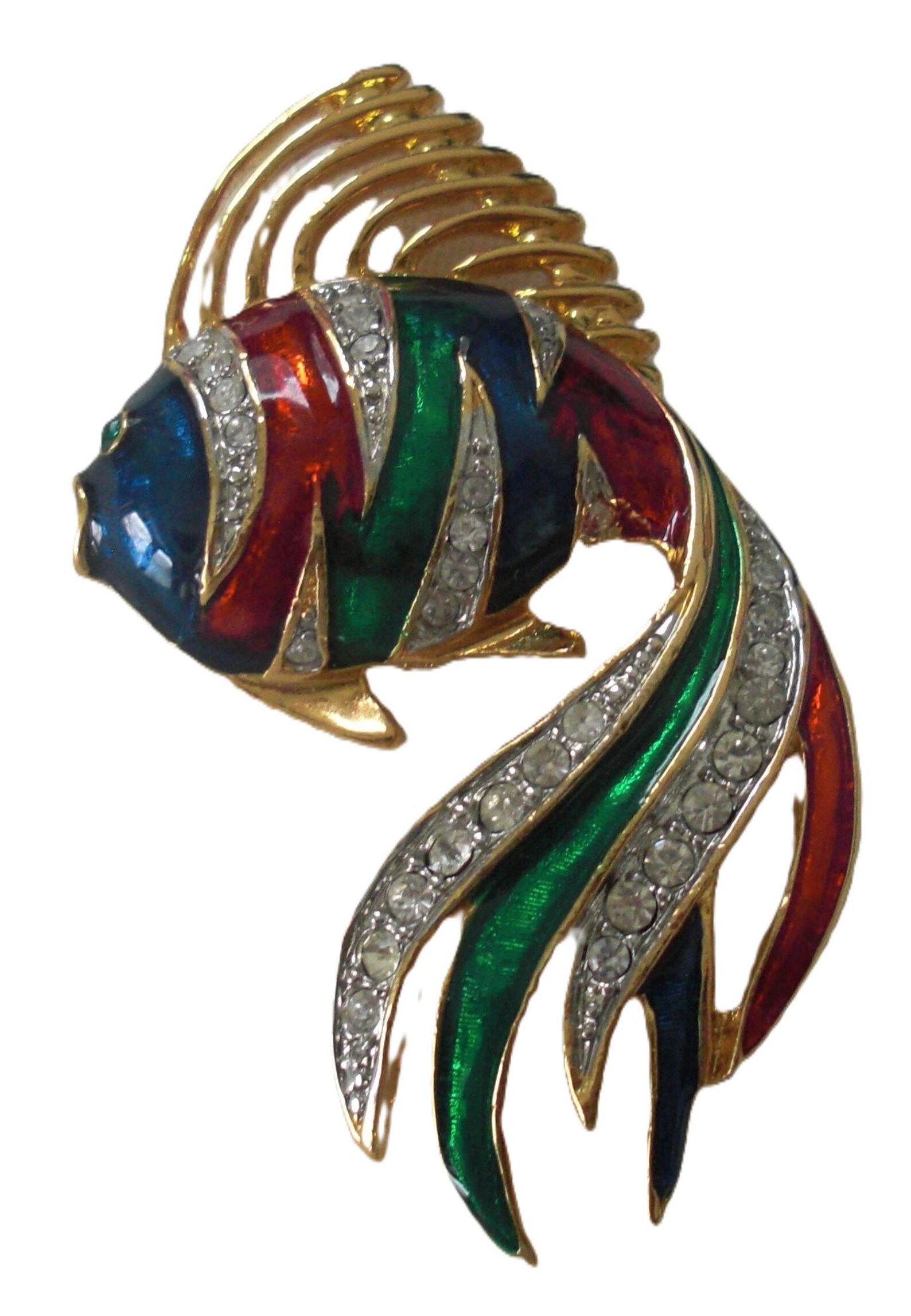 Angelfish Fish Brooch Pin Blue Red Green Enamel Rhinestone Gold Plated ...