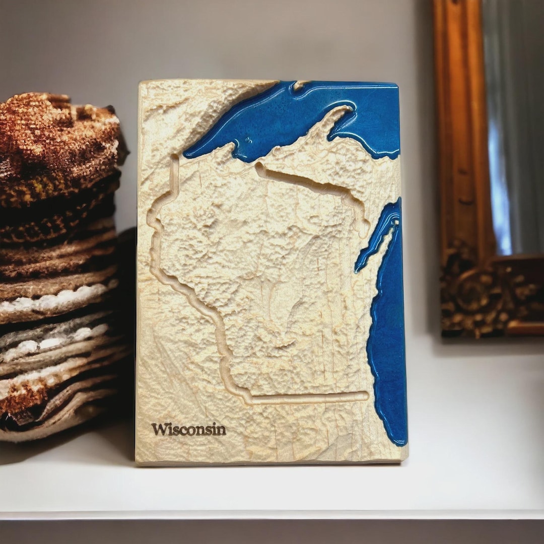 Wisconsin 3D Topographic Wooden Map | Wood Carved Relief Map | Made in ...