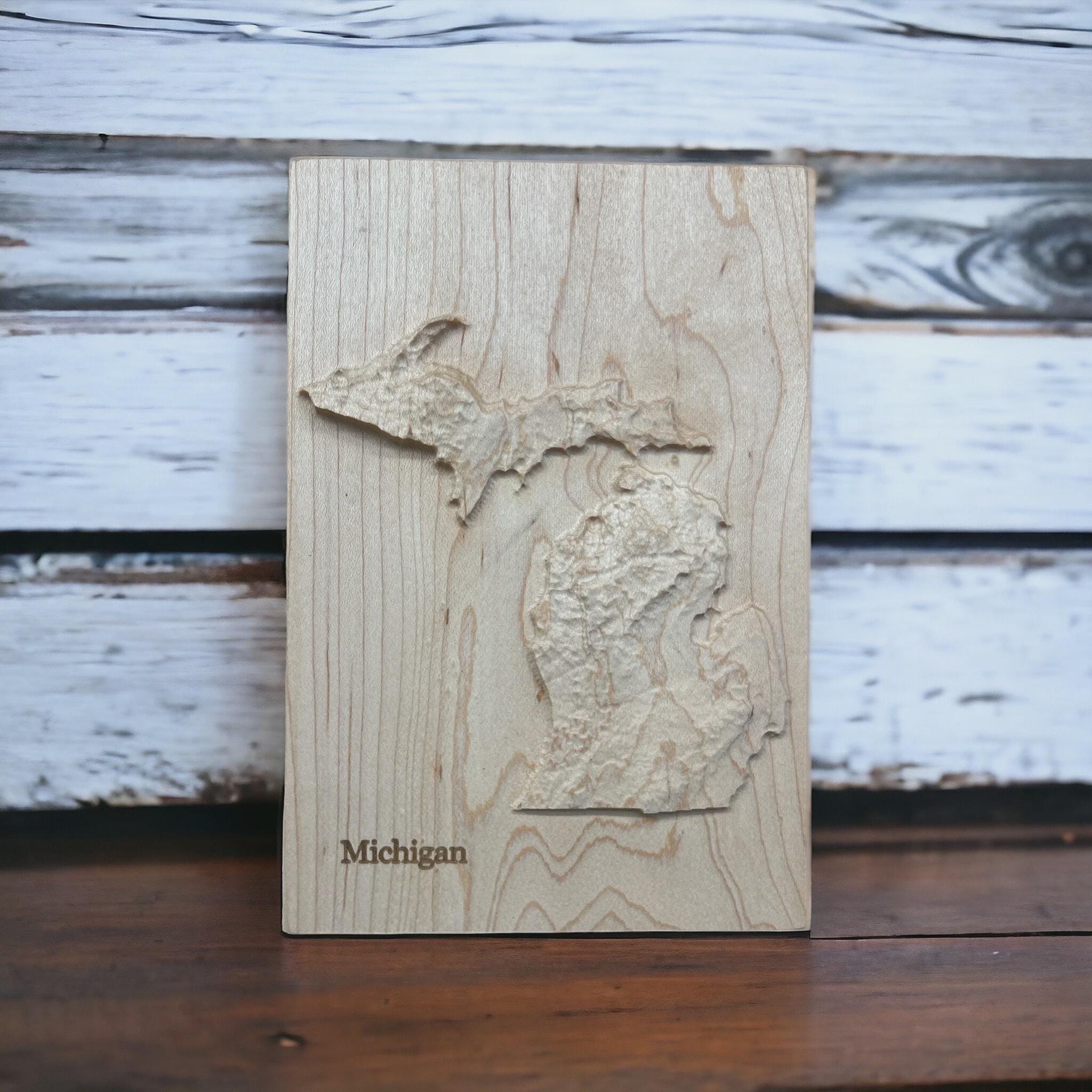 Michigan & Great Lakes Wood Carved Relief Map | 3D Topographic Wooden ...