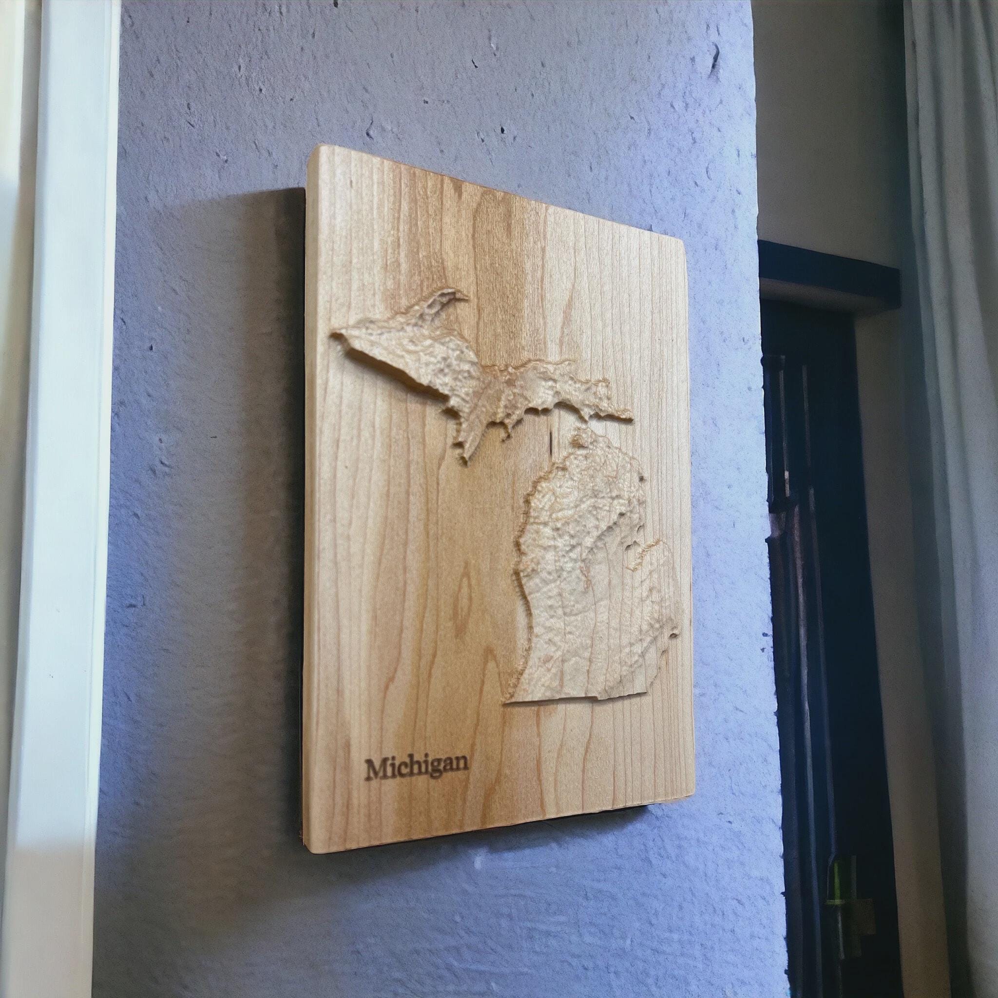 Michigan & Great Lakes Wood Carved Relief Map | 3D Topographic Wooden ...